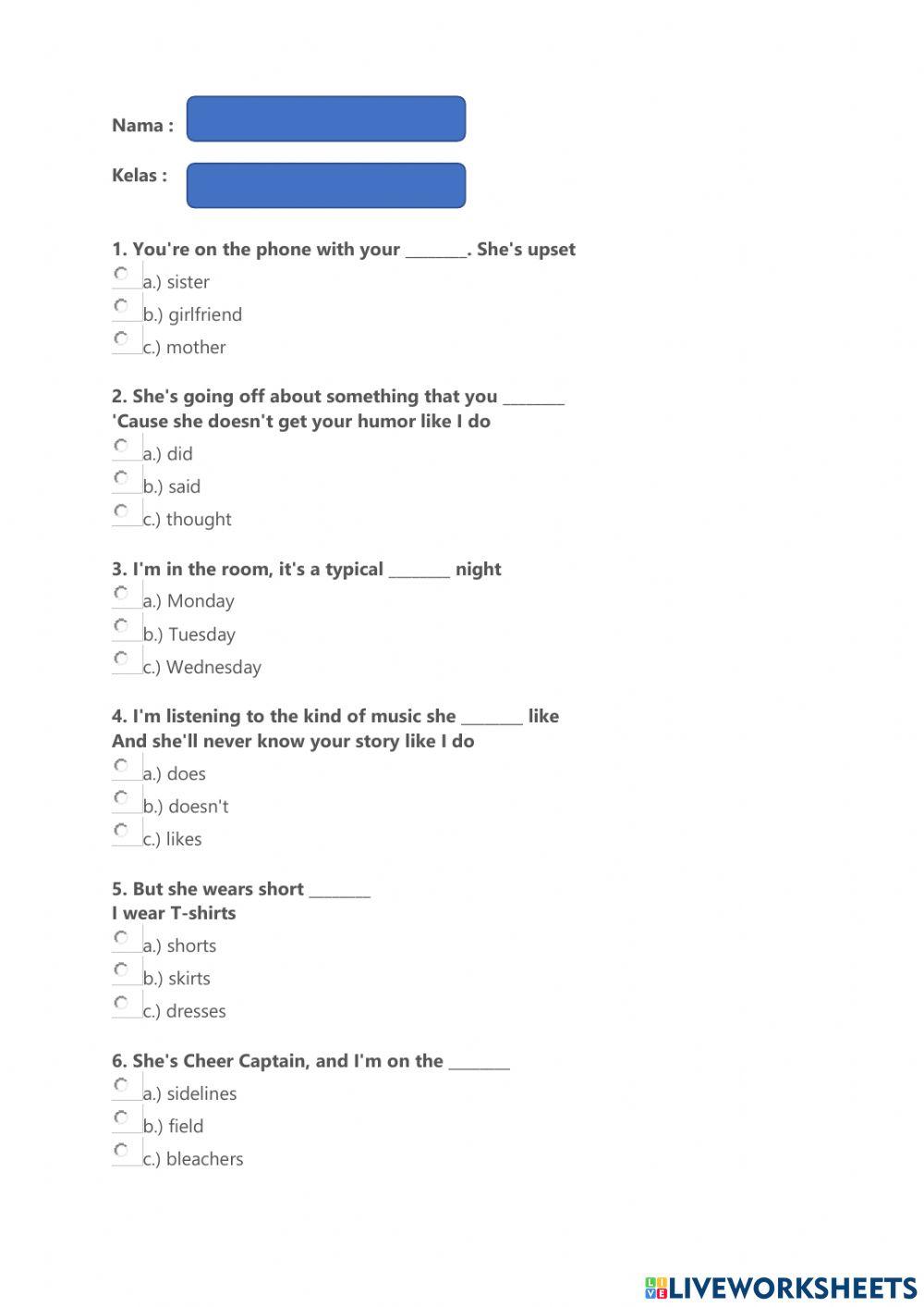 Song online exercise for 10 11 | Live Worksheets