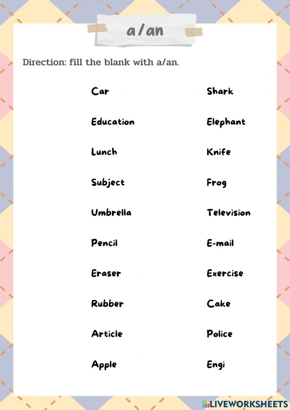 Article a - an Test online exercise for | Live Worksheets