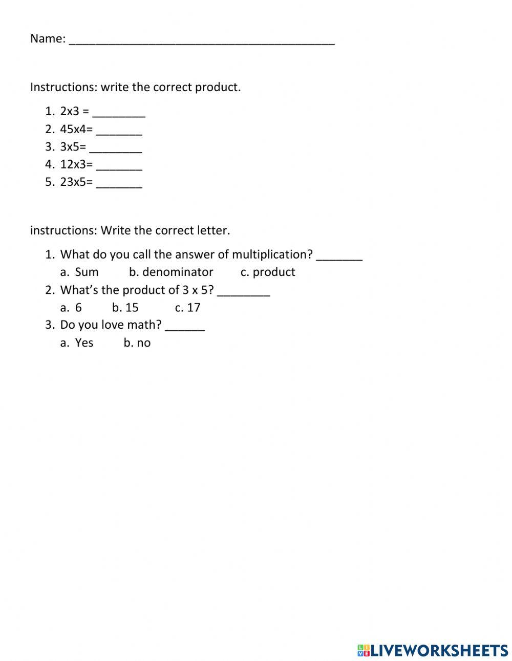 multiplication | Live Worksheets