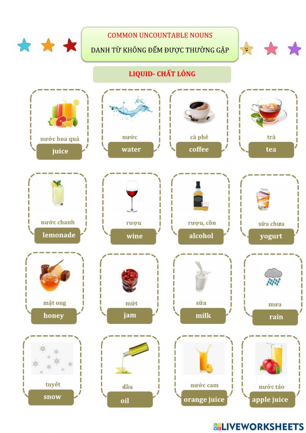 Uncountable nouns 1 worksheet | Live Worksheets