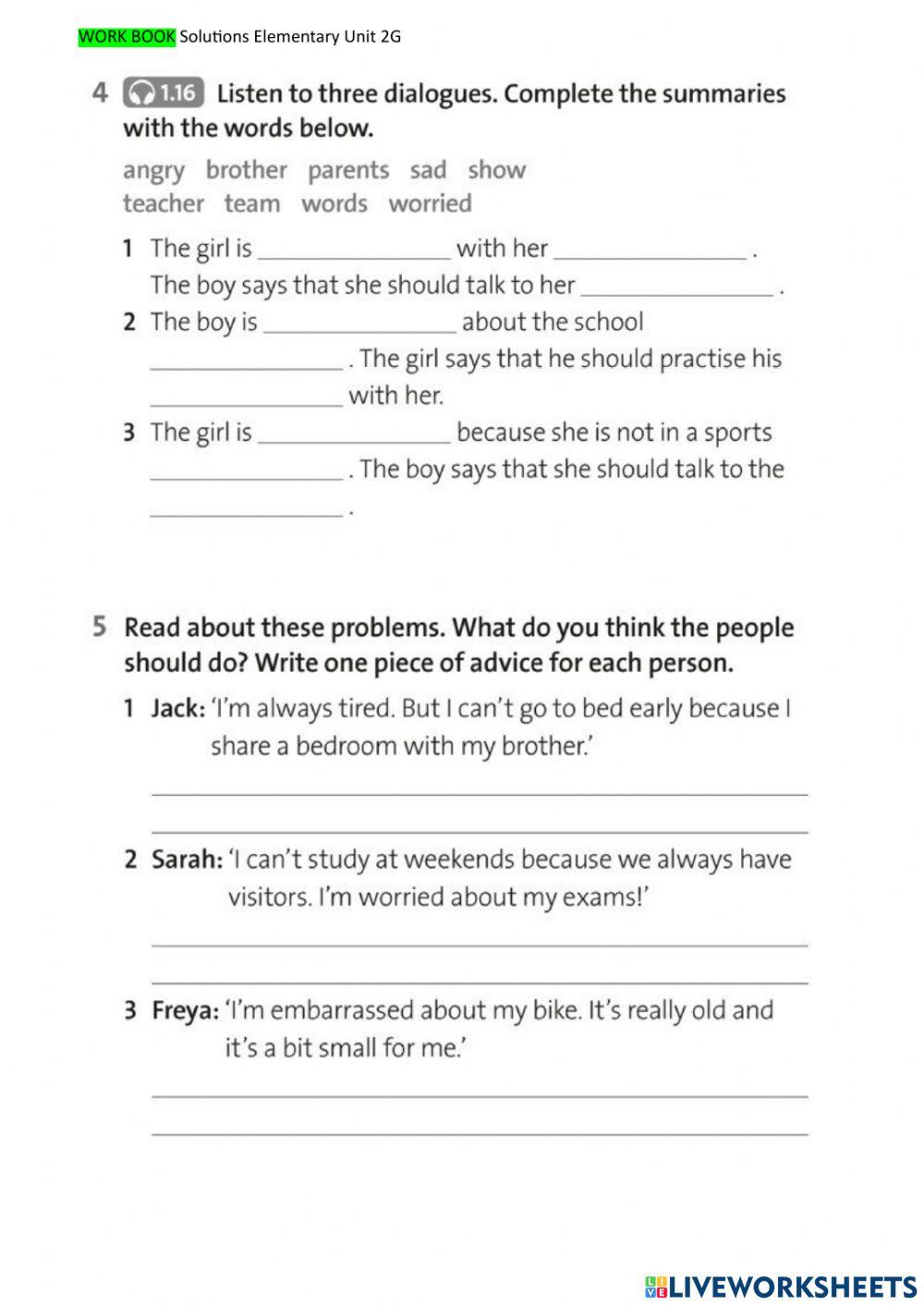 Solutions WB Elementary Unit 2G worksheet | Live Worksheets