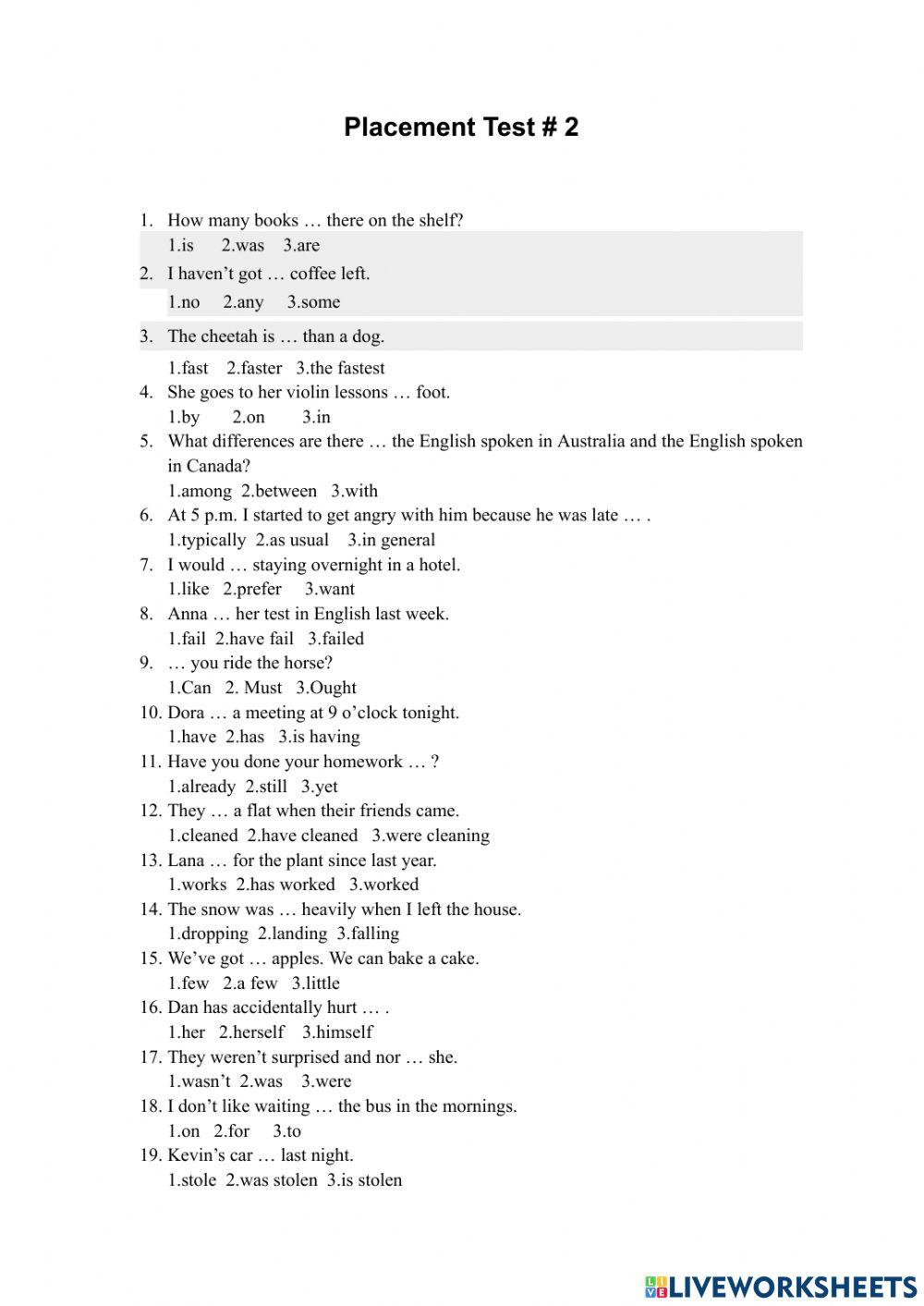 Placement test online exercise for Adults | Live Worksheets