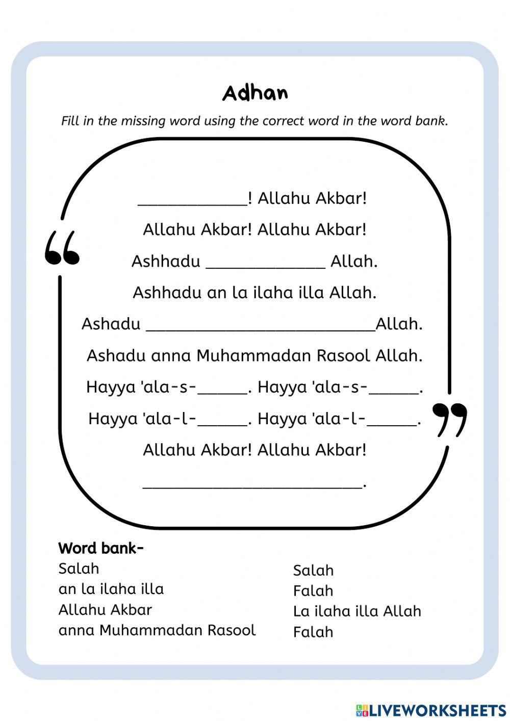 7007251 | Adhan | MissChelsiaN | LiveWorksheets