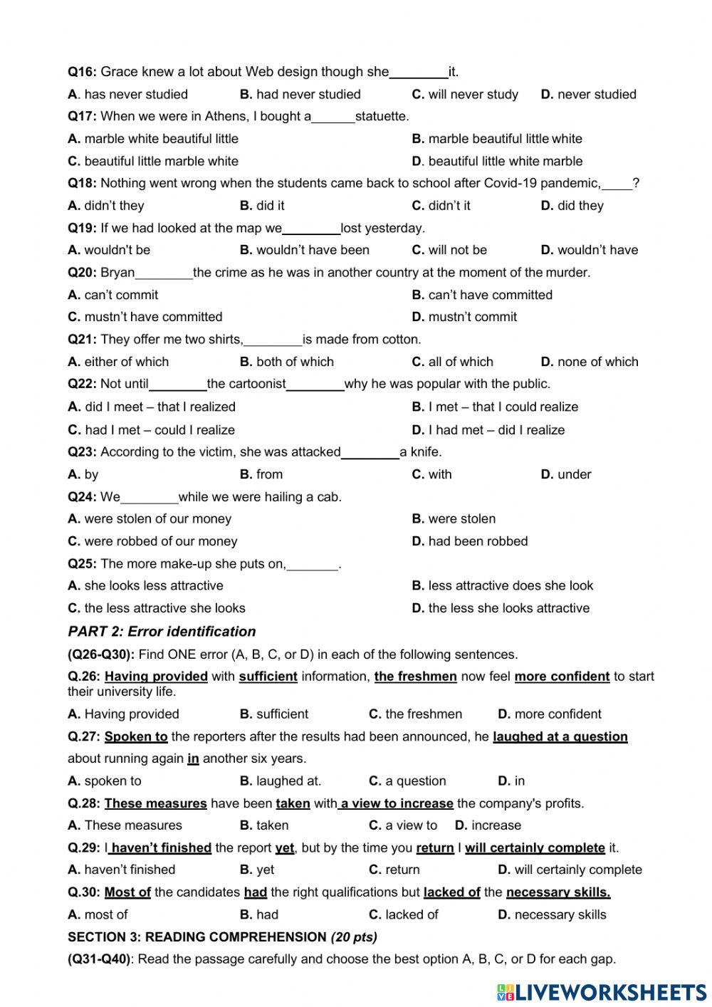 tuyetle | Examination 7007977 | LiveWorksheets