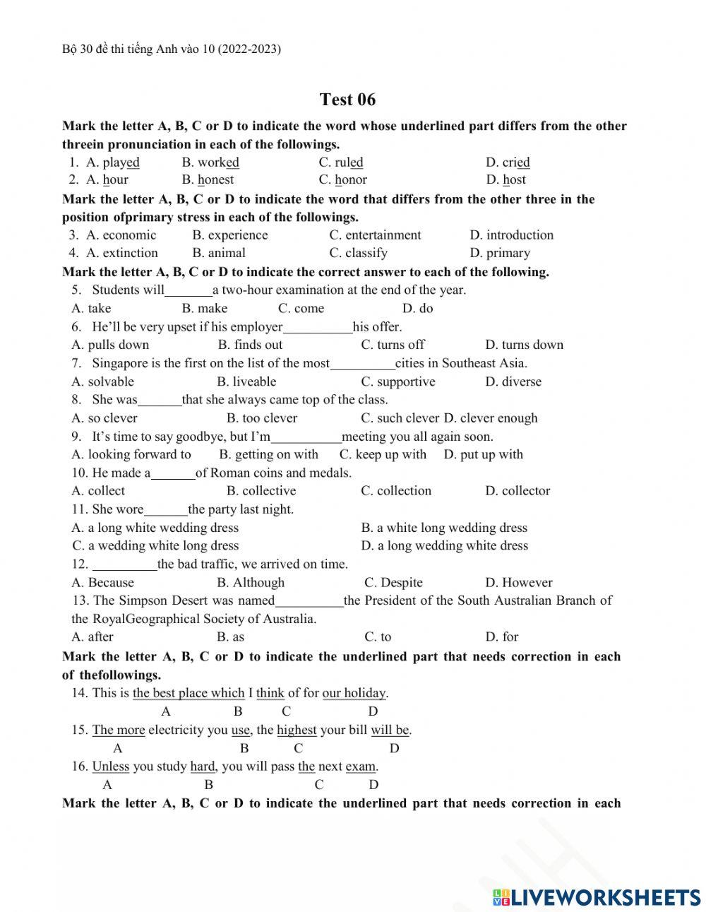 Test 6 online exercise for | Live Worksheets