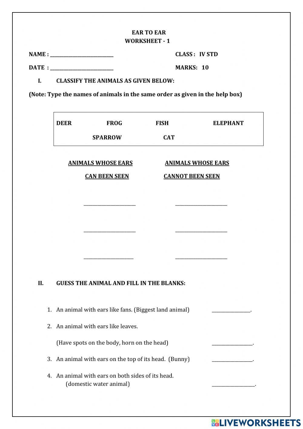 Ear to ear | Free Interactive Worksheets | 7010173