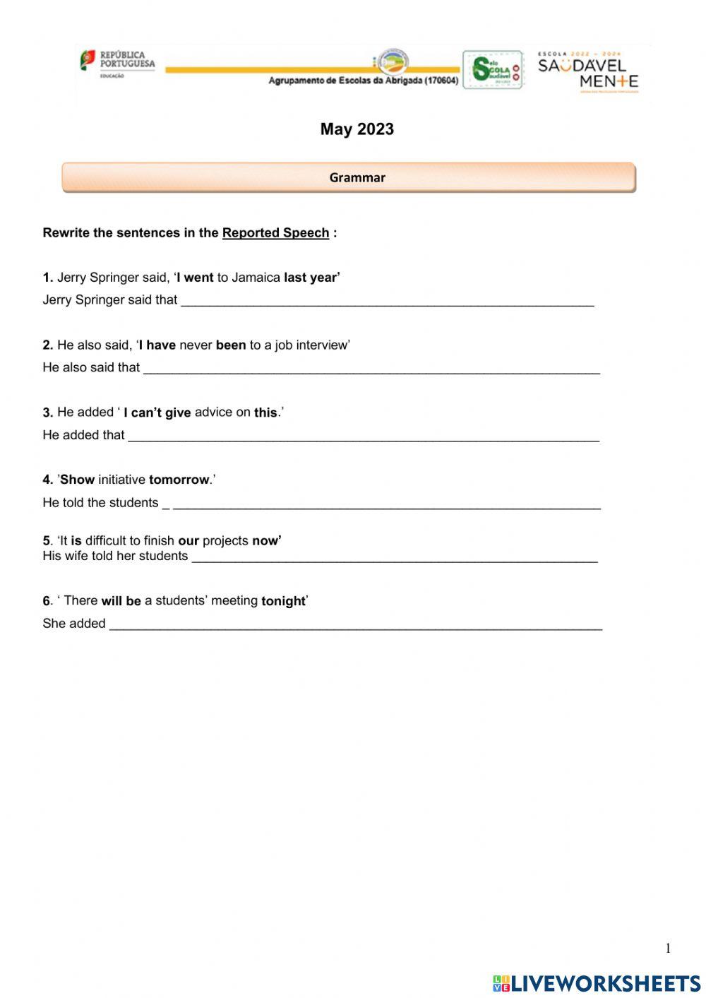 Reported Speech online exercise for 9 | Live Worksheets