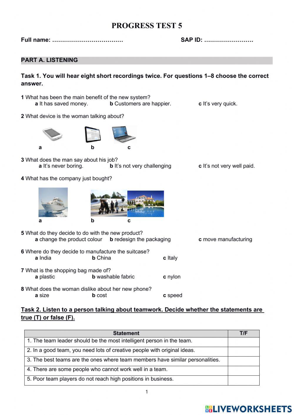 A2 Progress Test 5 online exercise for | Live Worksheets