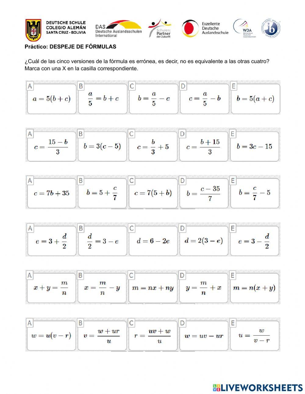 Despeje de Fórm… | Free Interactive Worksheets | 7000629