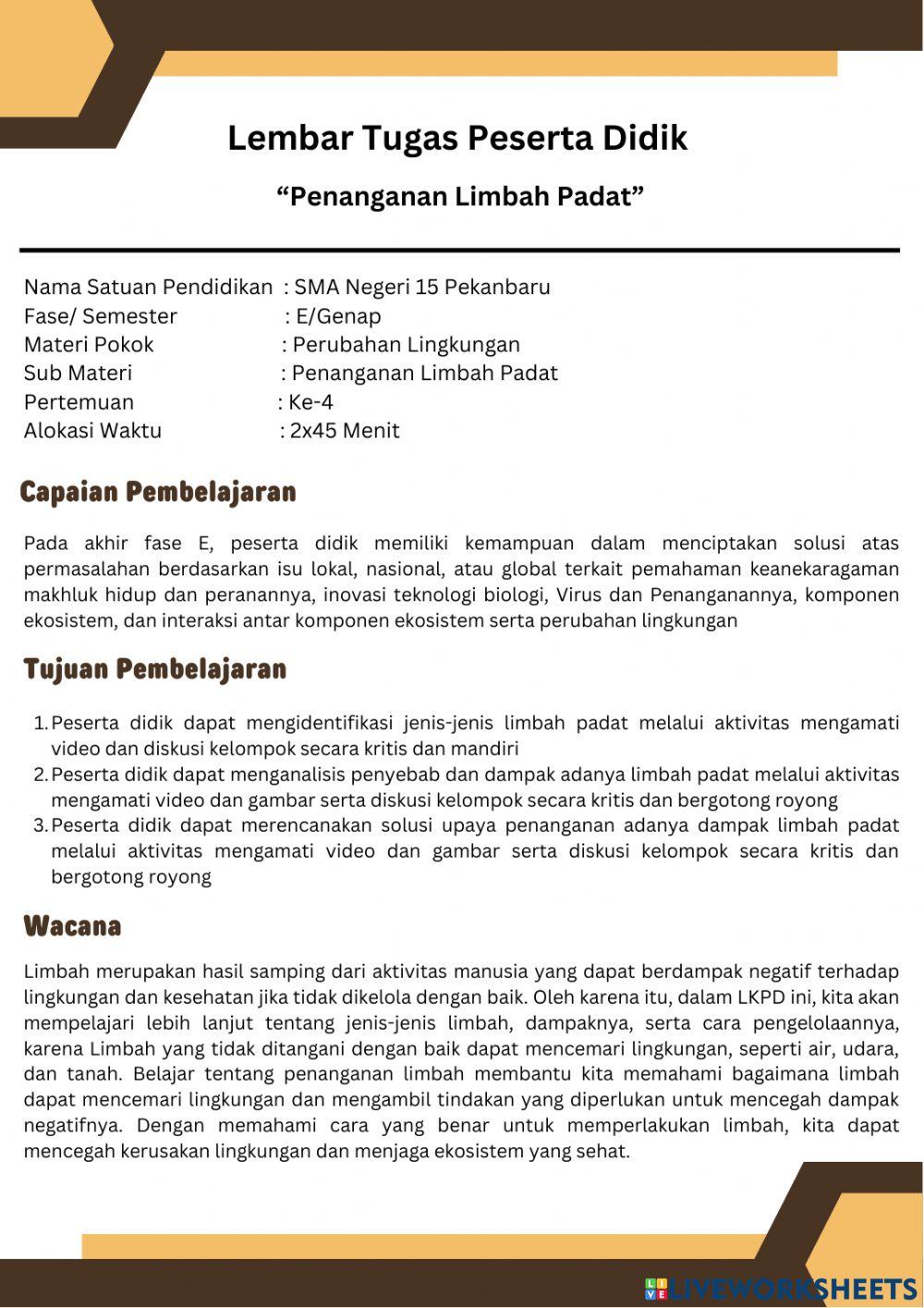 LTPD Penanganan Limbah Padat worksheet | Live Worksheets
