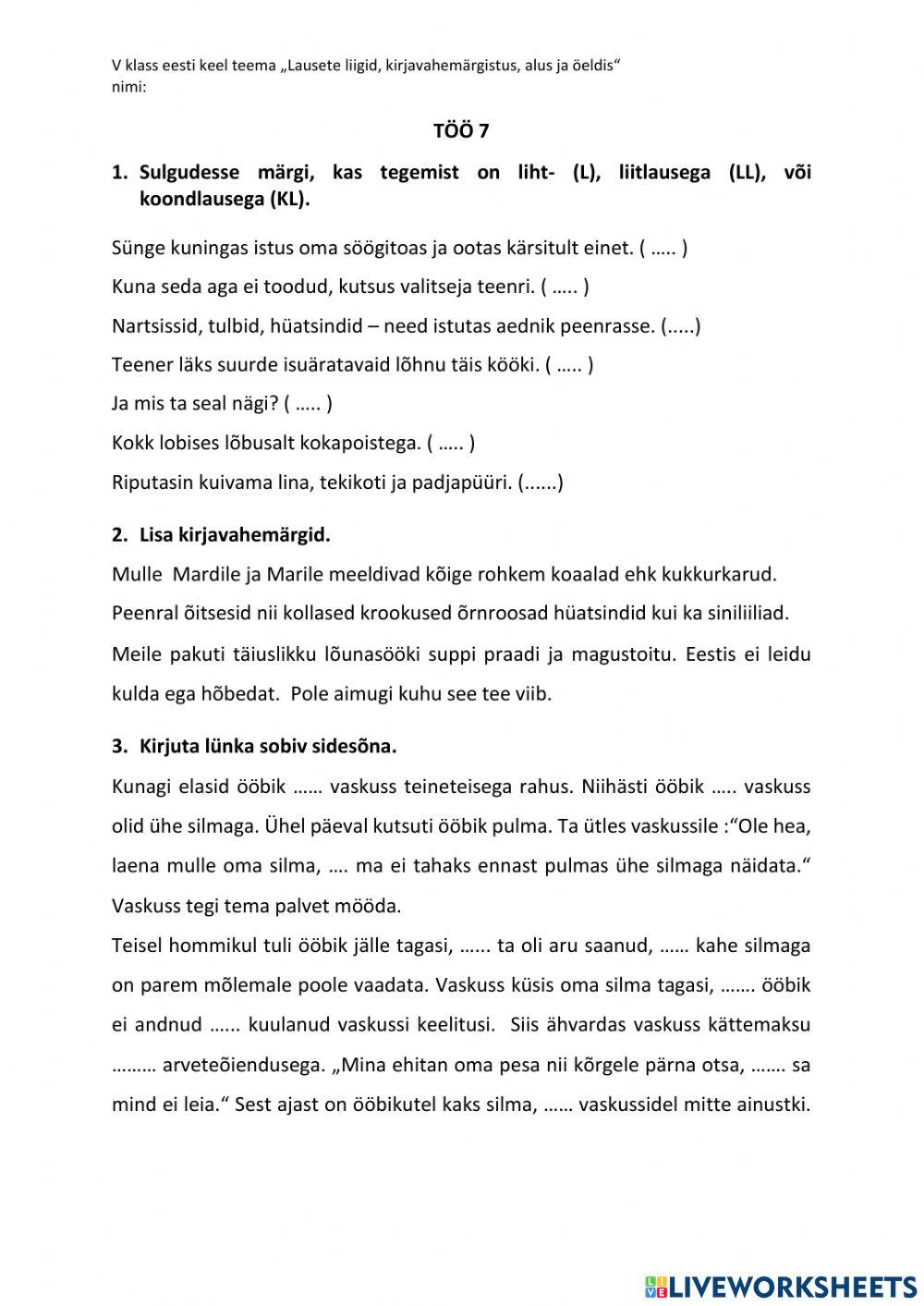 5. klass lausete liigid, kirjavahemärgid online exercise for | Live ...