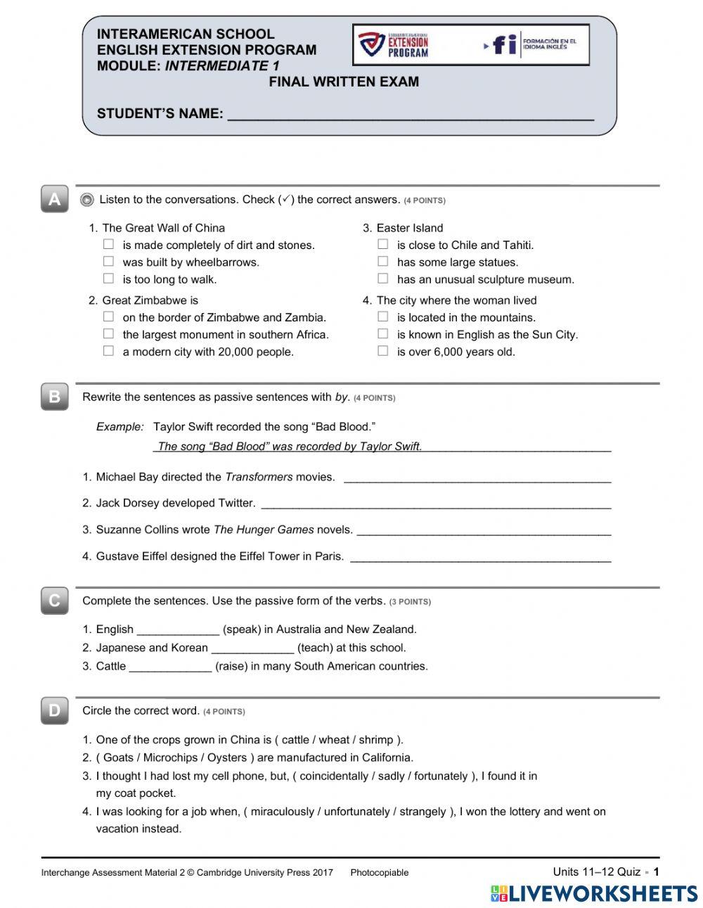 FINAL EXAM - INTERMEDIATE 1 2452732 | fi2022 | Live