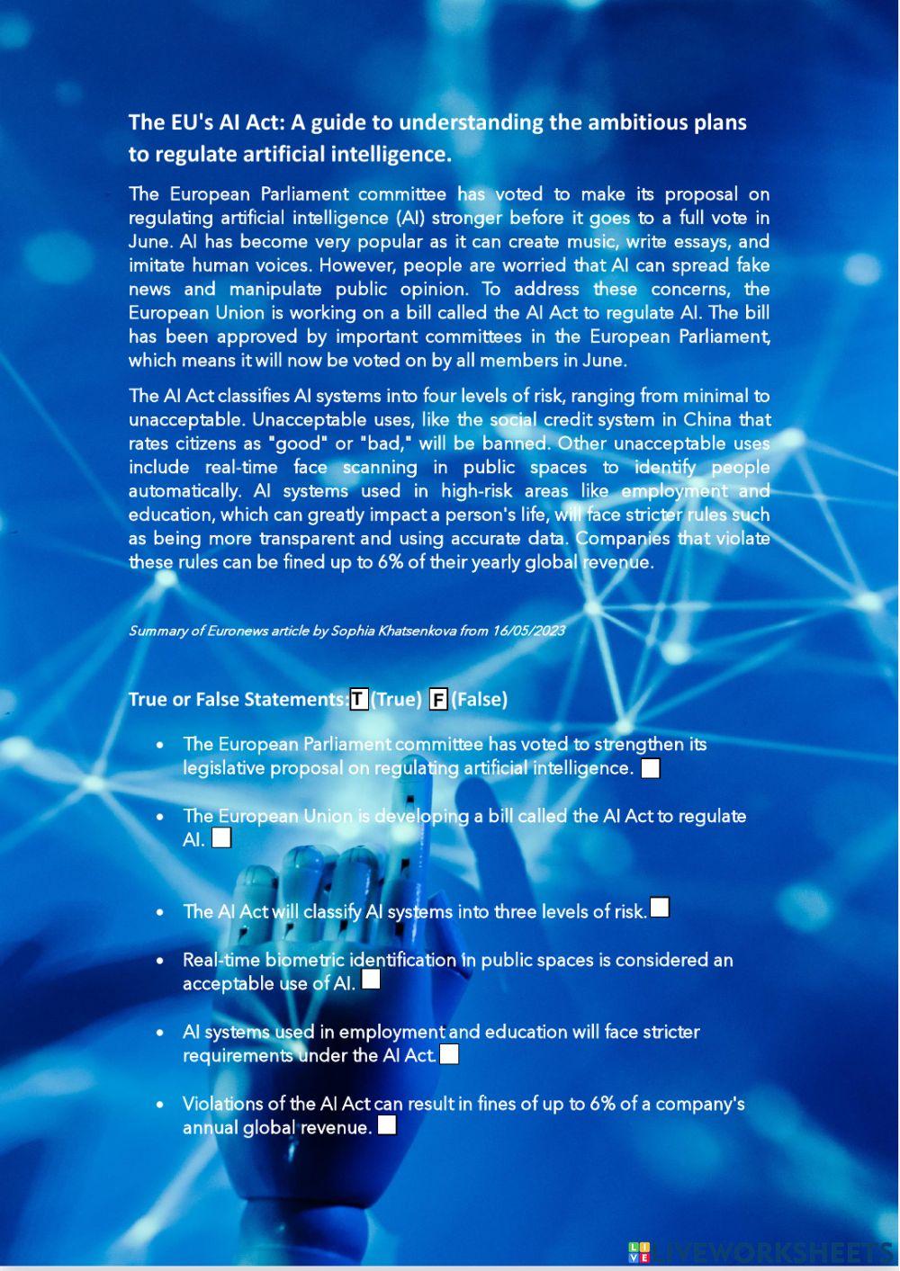 EU AI ACT. Reading comprehension worksheet | Live Worksheets