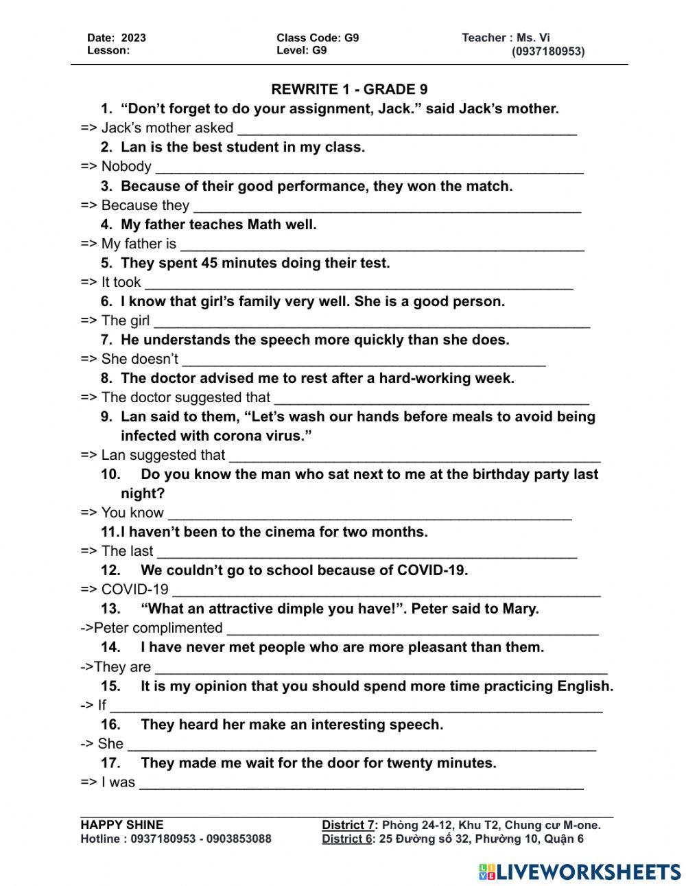 Grade 9 - rewrite 1 7013559 | Trần Thị Tường Vi | Live