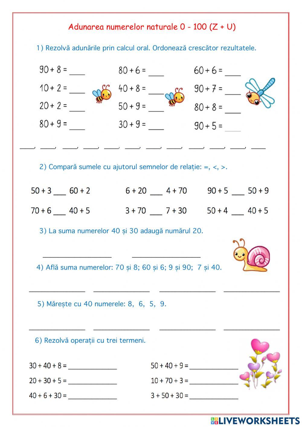 Operatii 0 - 100 worksheet | Live Worksheets