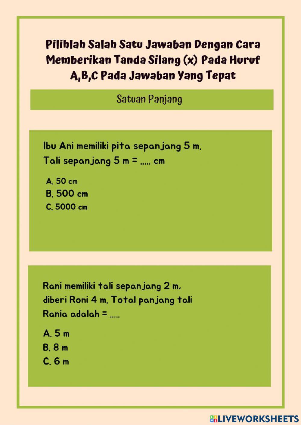Satuan Panjang | Free Interactive Worksheets | 7018882
