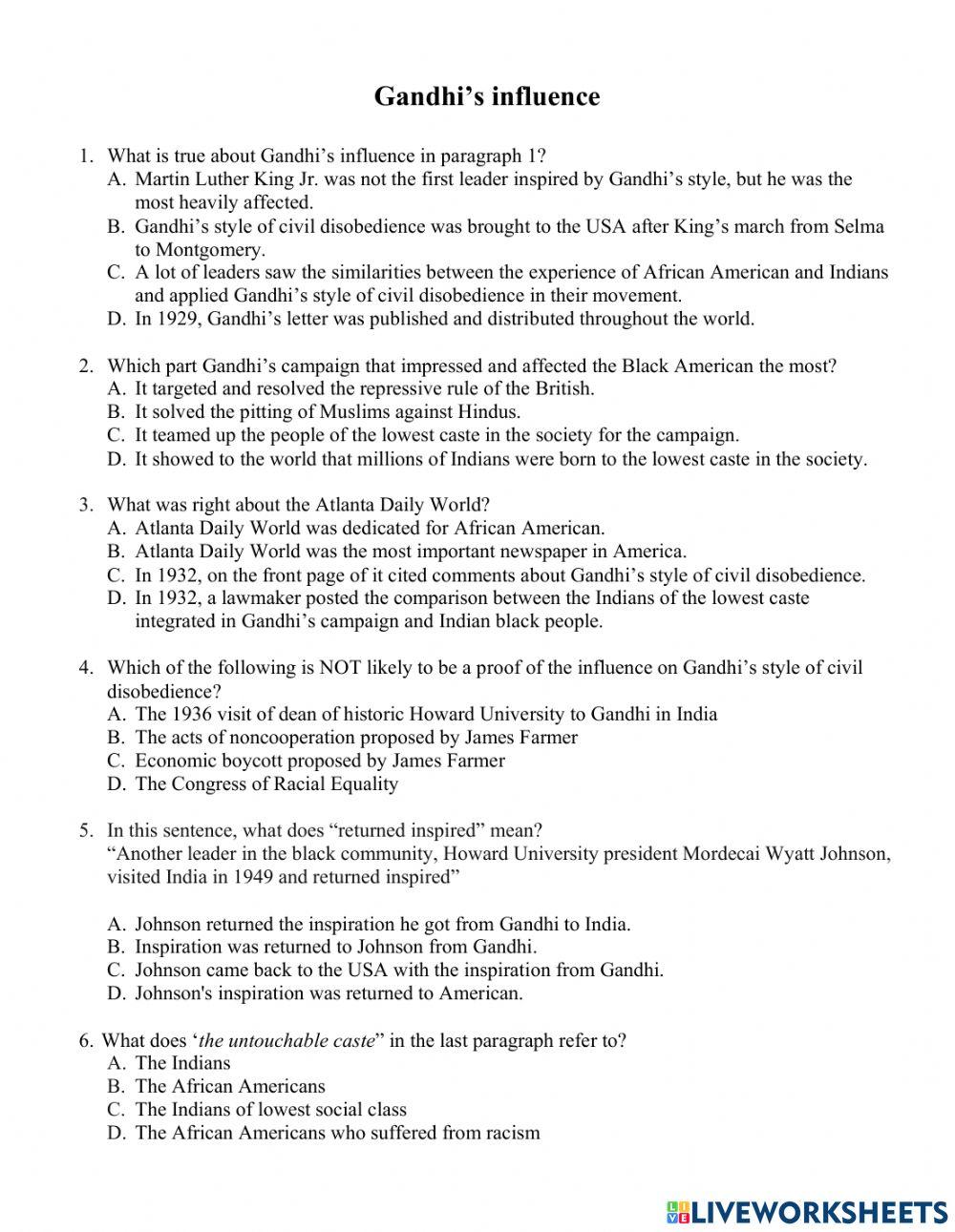 TRS6 - Sociology (2) - Gandhi influence interactive worksheet | Live ...