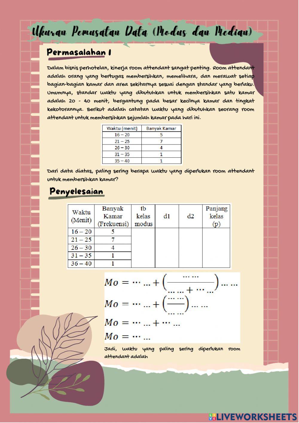 Ukuran Pemusatan Data (Modus dan Median) worksheet | Live Worksheets