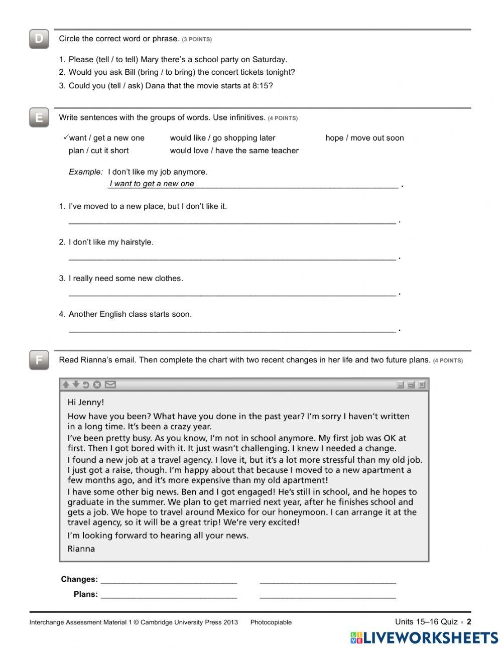 Interchange 1 (Units 15-16) online exercise for | Live Worksheets