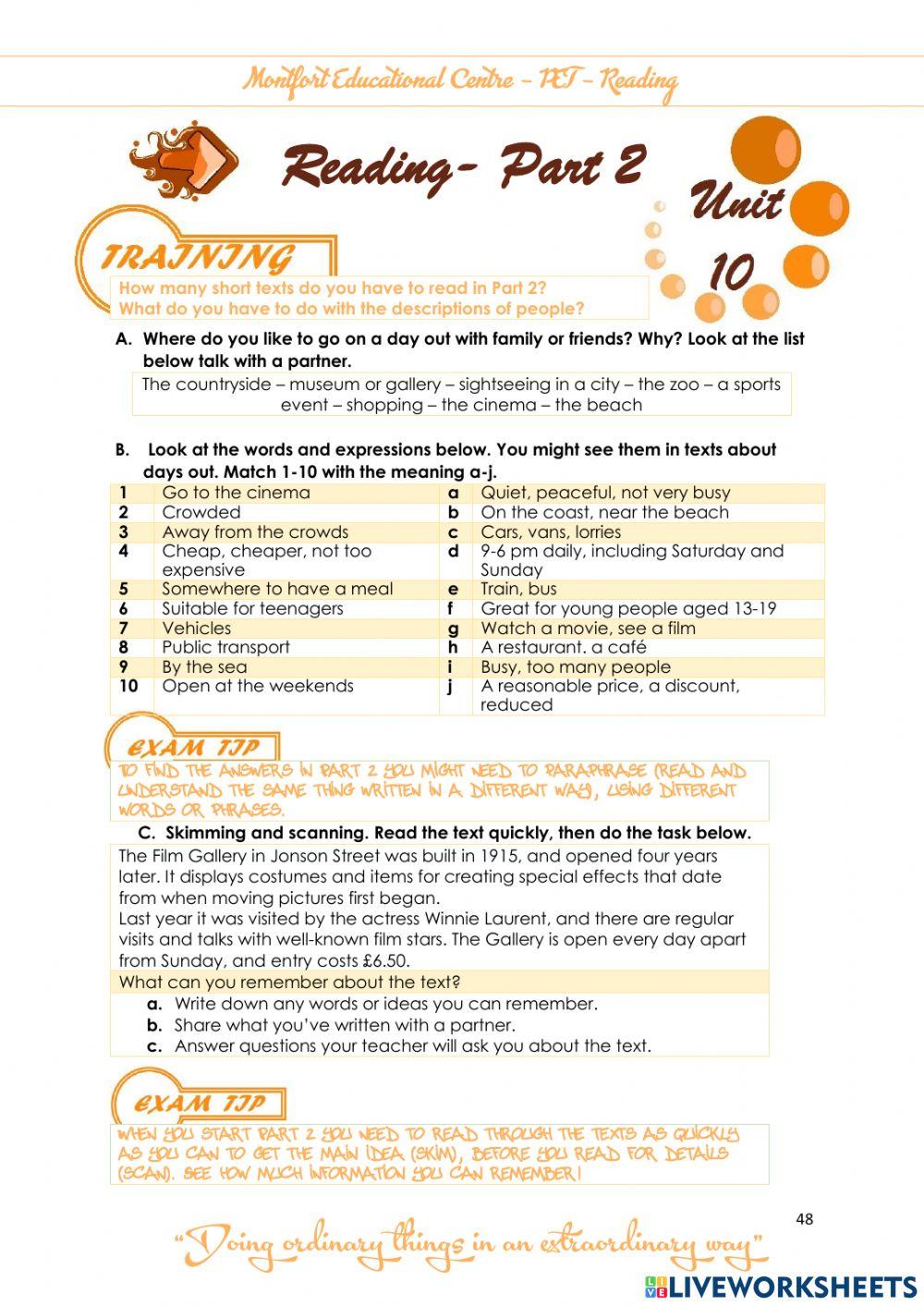 B1 reading unit 10 worksheet | Live Worksheets