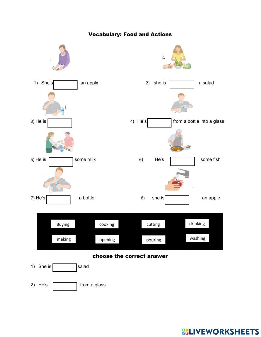 Vocabulary: food and accions worksheet | Live Worksheets