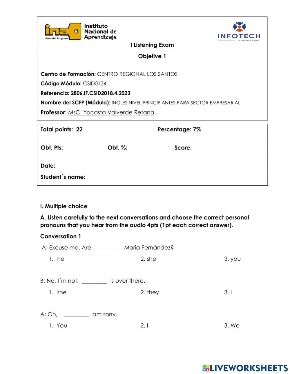 Listening exam interactive activity for Beginners | Live Worksheets
