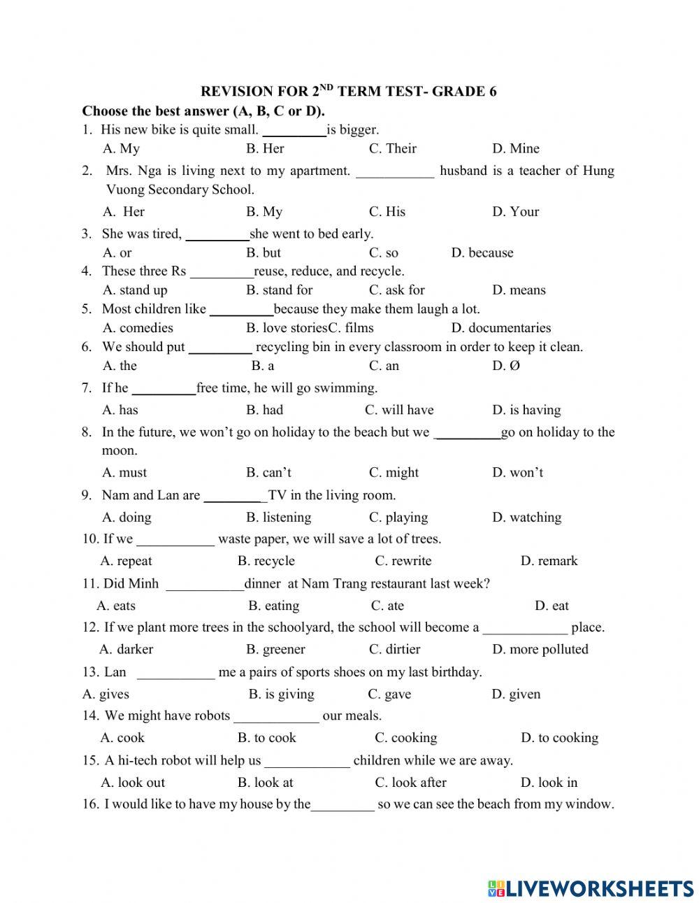 Grade 6 revision 6955997 | Dao Hoang An | Live
