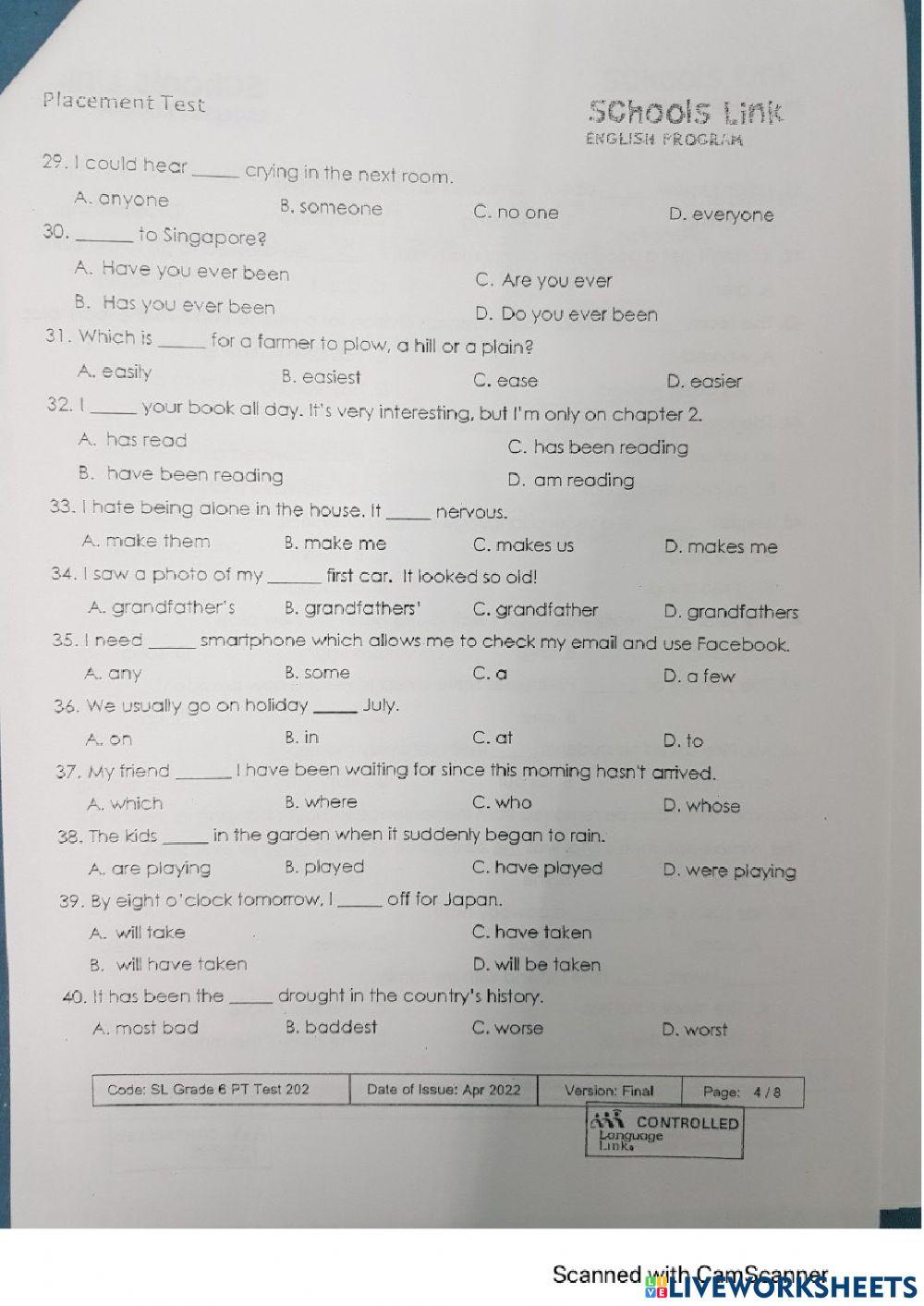 Placement test online exercise for | Live Worksheets