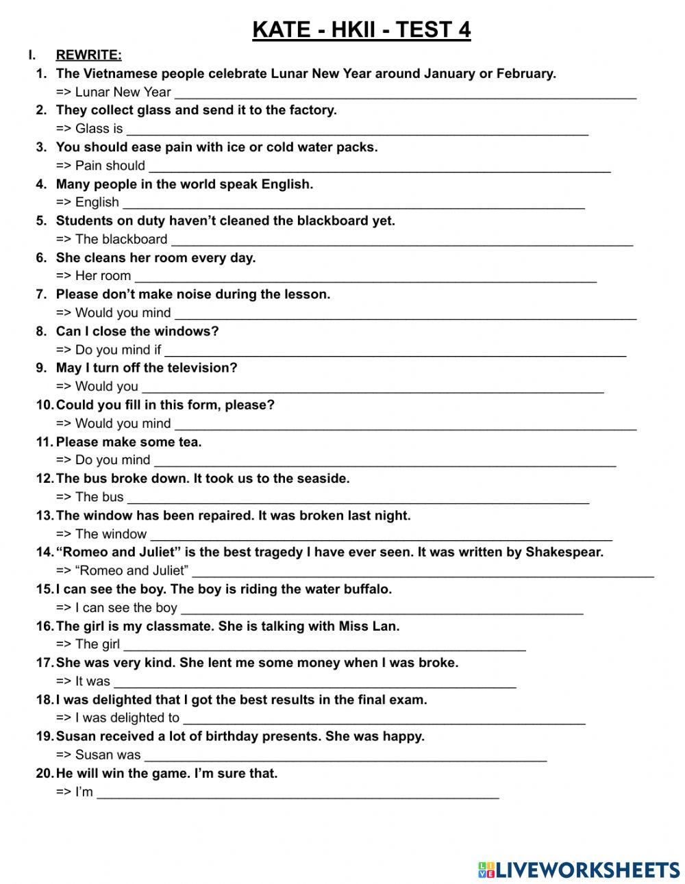 Grade 8 - Rewrite Test 4 worksheet | Live Worksheets
