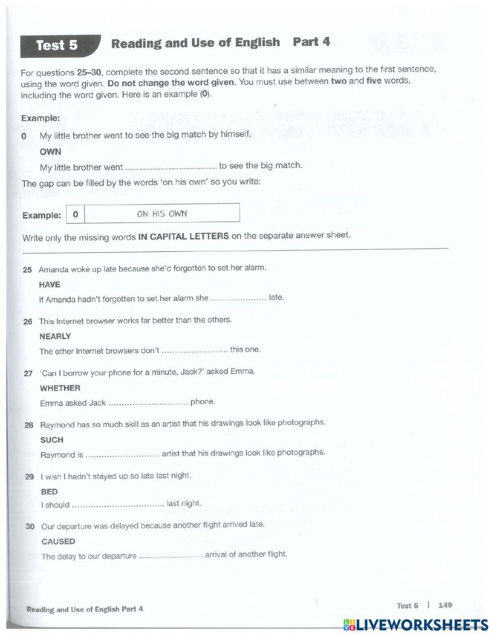 First Trainer Test 5 Reading and use of English 1-4 online exercise for ...