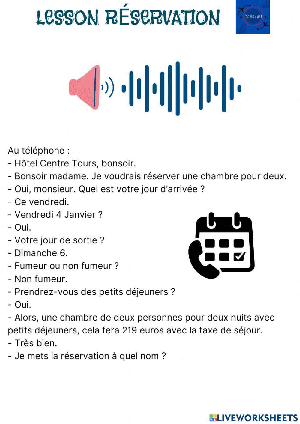 Réservation exercise | Live Worksheets