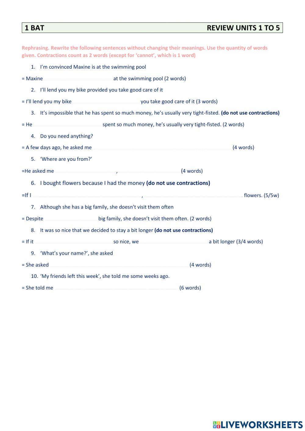 Rephrasing interactive exercise for Intermediate | Live Worksheets