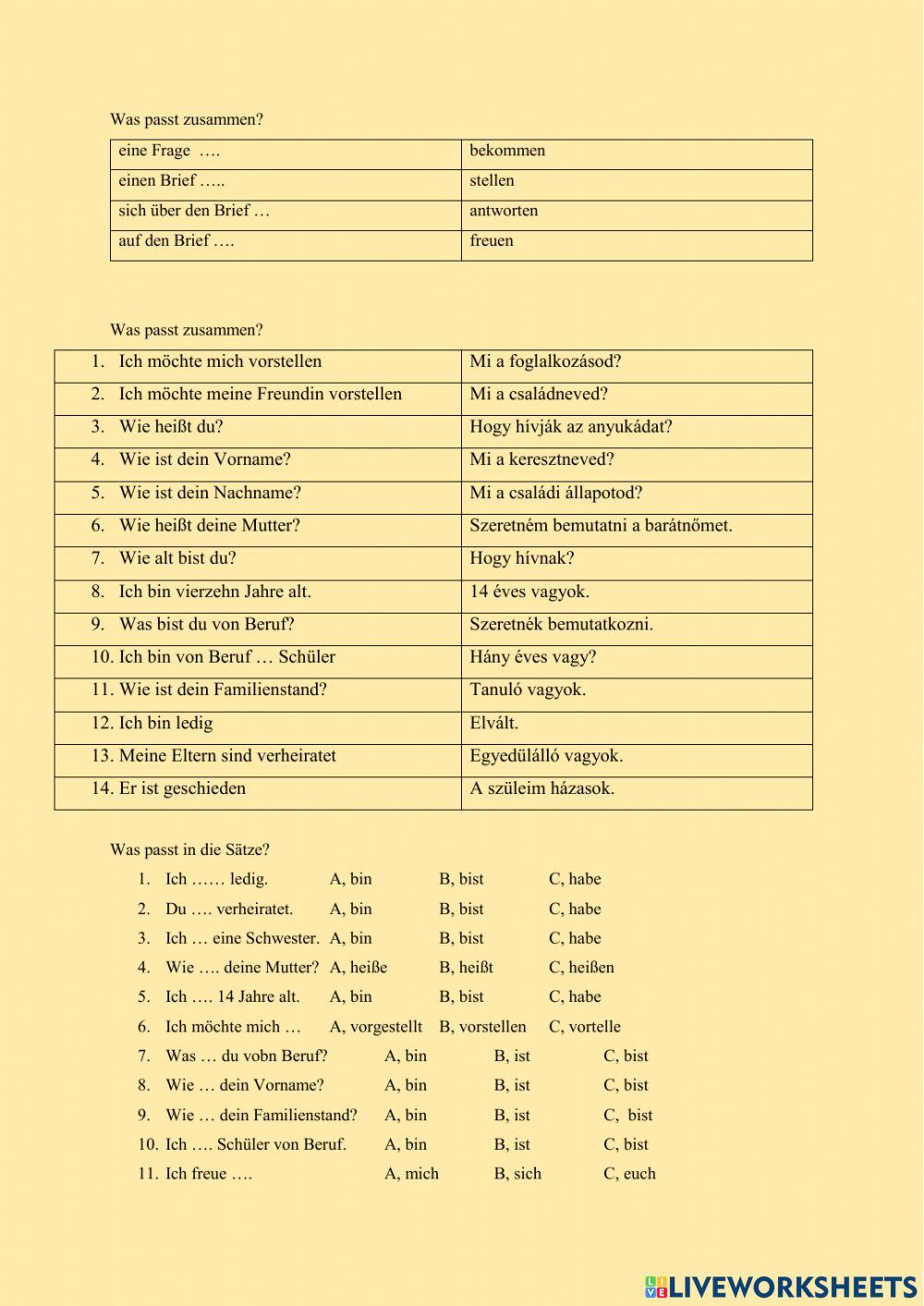 Vorstellung - Wendungen - worksheet | Live Worksheets
