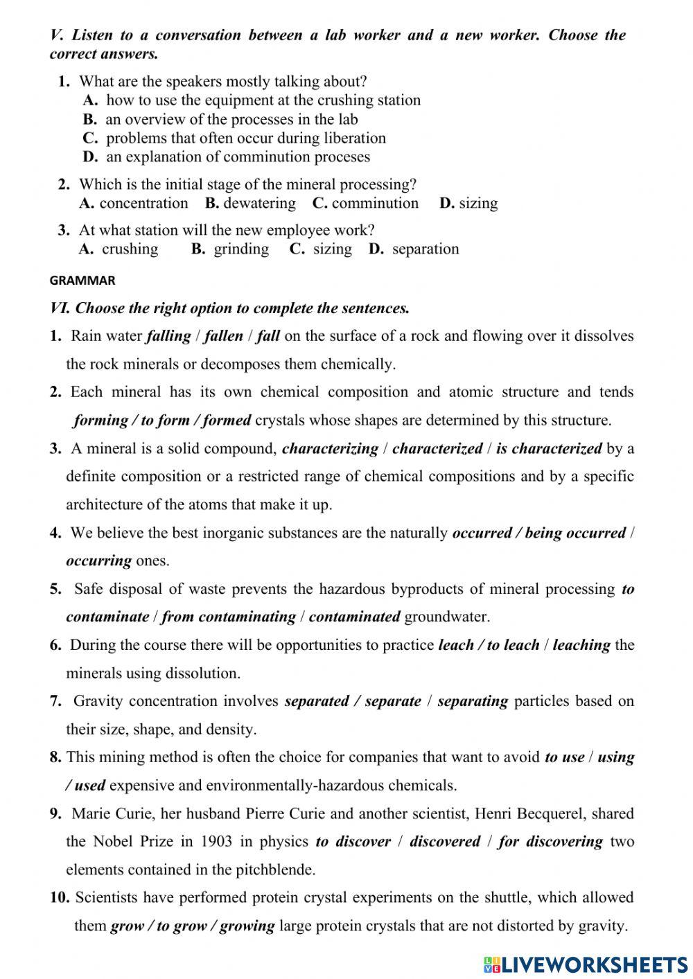 Unit Test (Minerals) 0818 | Mistigri | Live Worksheets