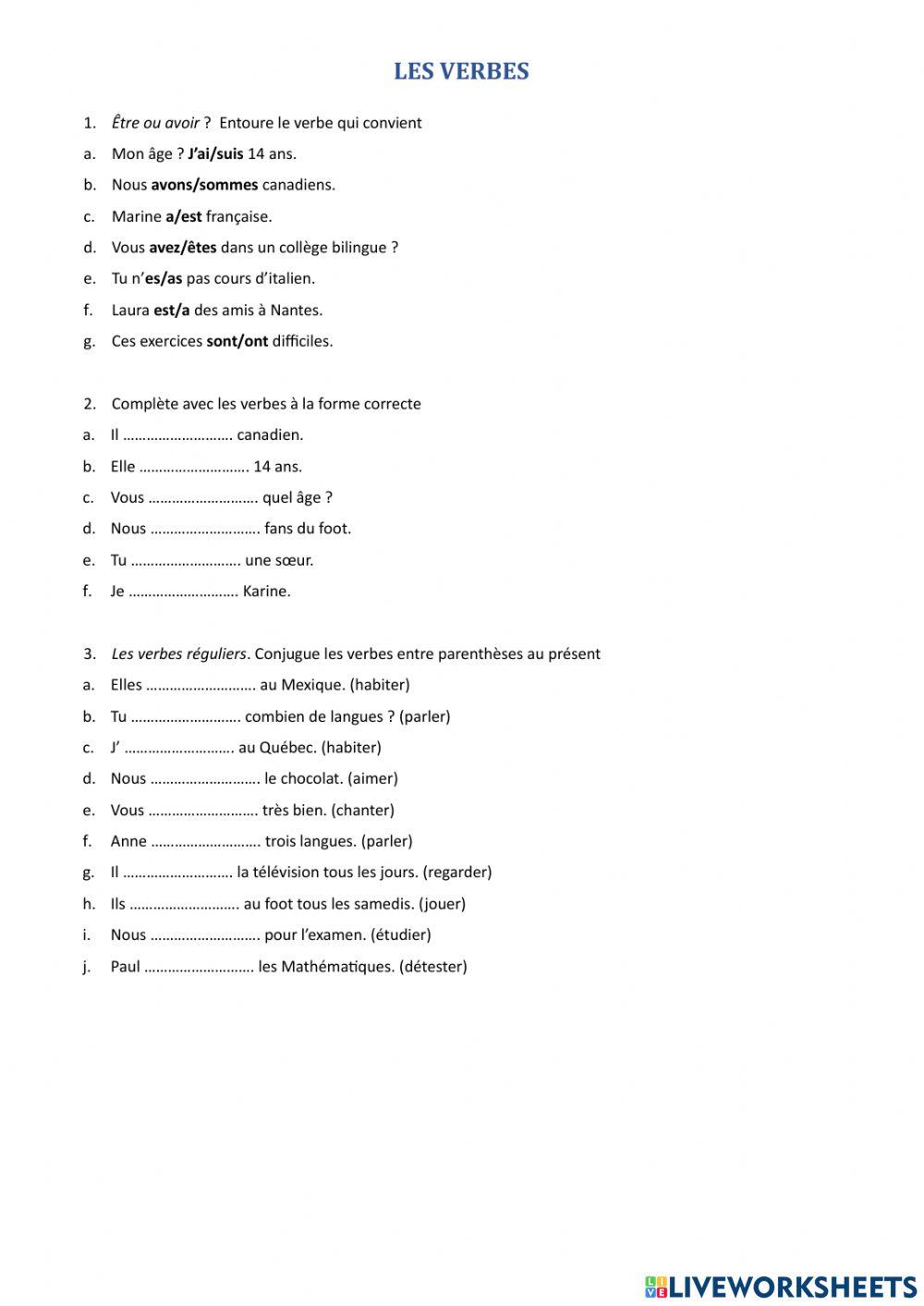 Les verbes | Free Interactive Worksheets | 7014130