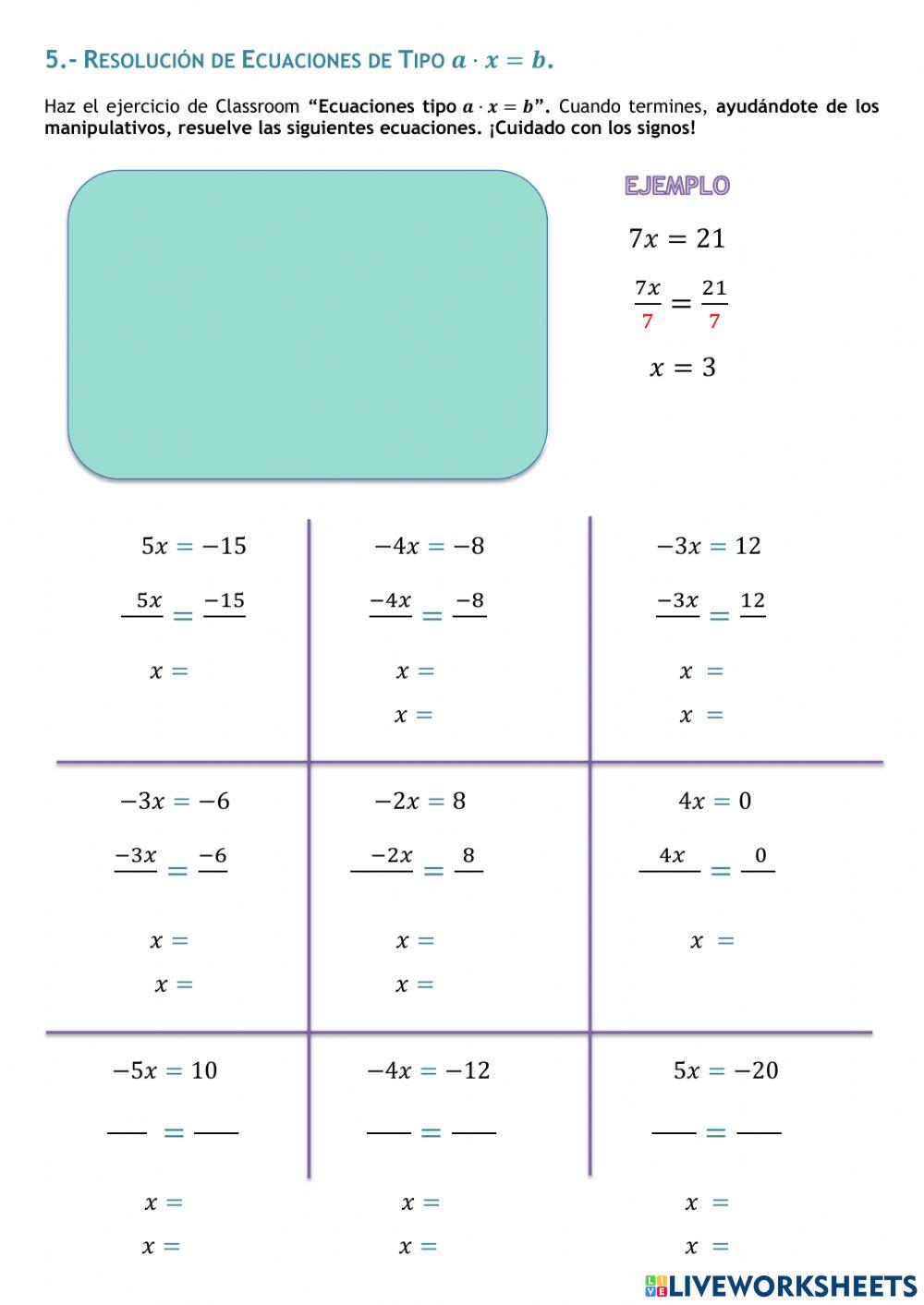 Ecuaciones ax-b | Free Interactive Worksheets | 7014177