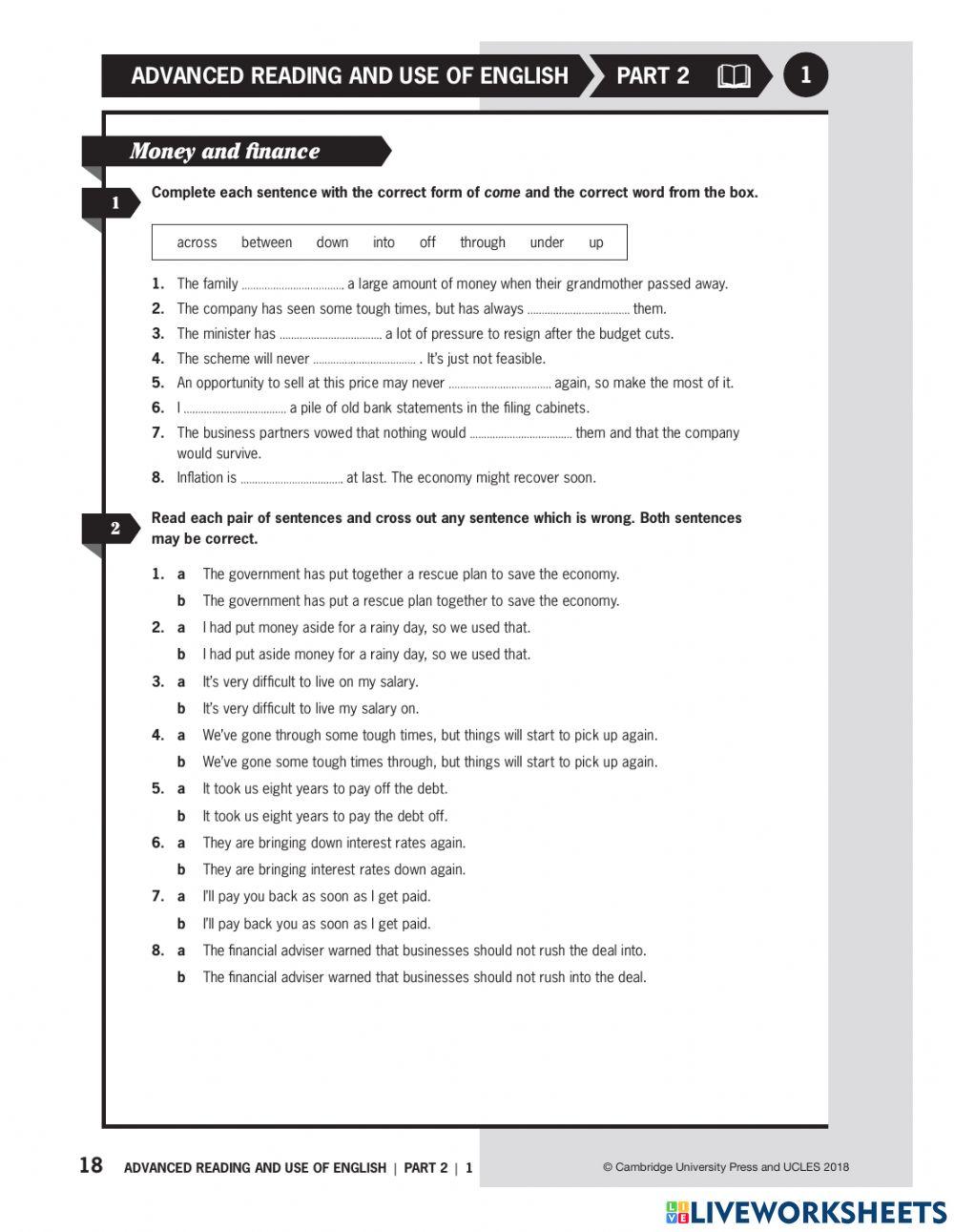 Booster Cae Reading and use of English part 2 online exercise for ...