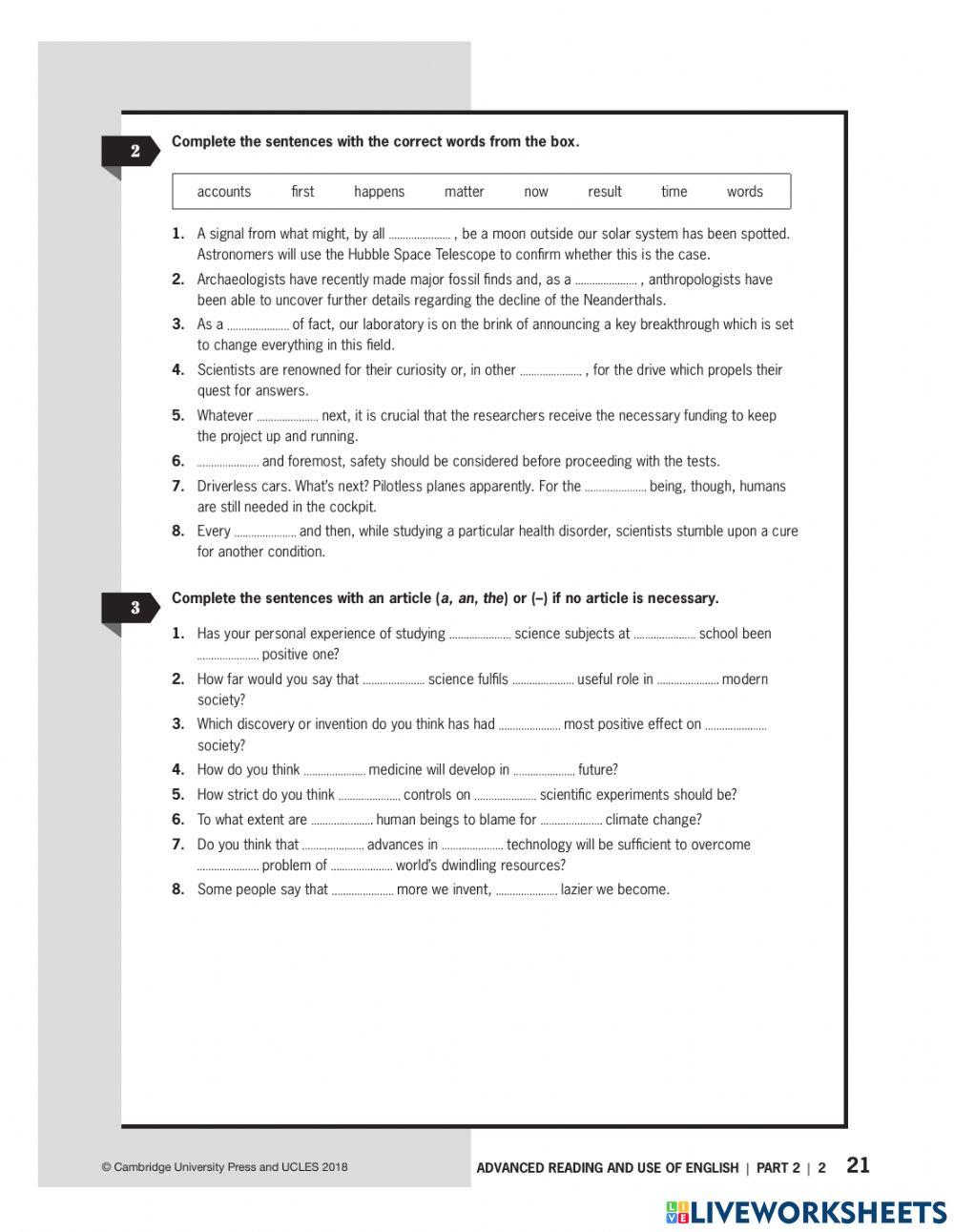 Booster Cae Reading and use of English part 2 online exercise for ...