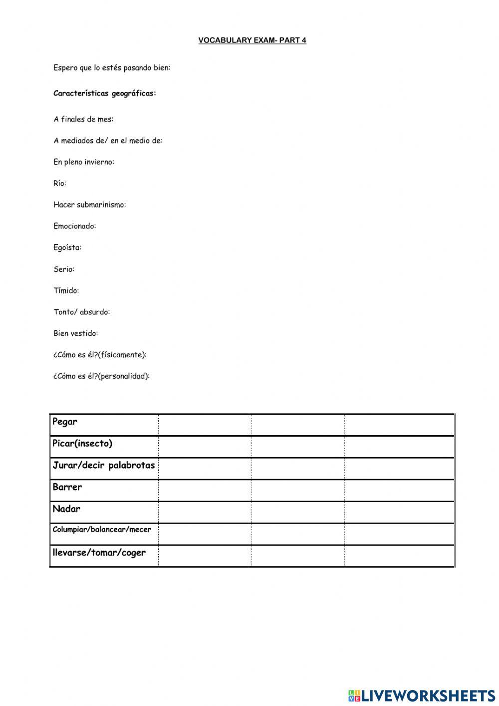 Vocabulary exam-part4 activity for 6º | Live Worksheets