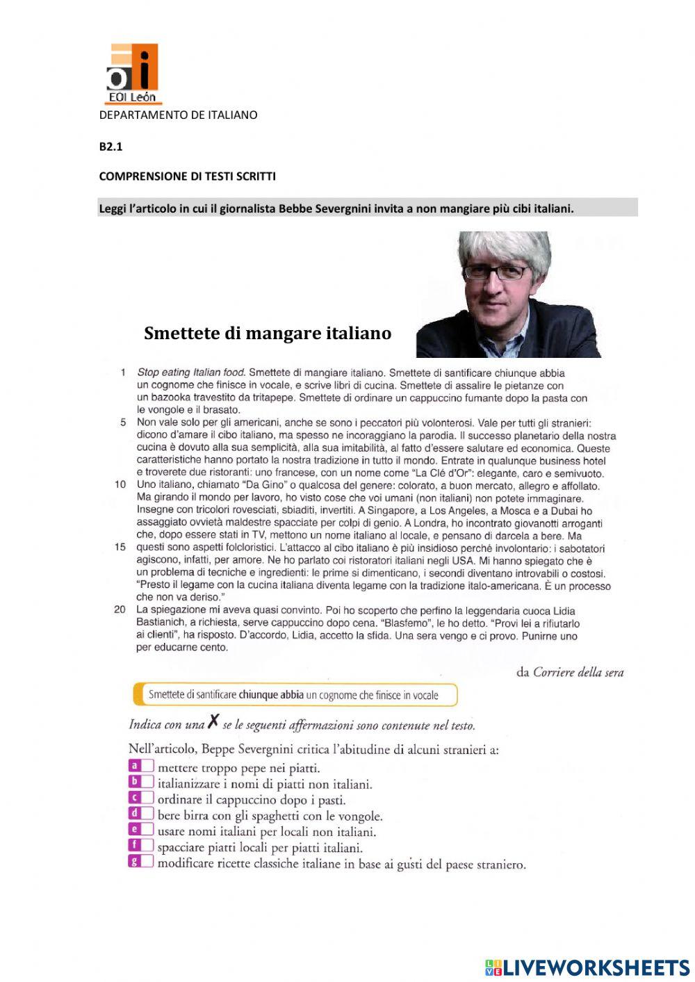 CTE-B2.1-Mangiare italiano online exercise for | Live Worksheets