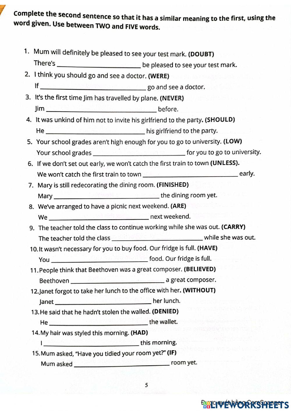 Sentence transformation 5 online exercise for | Live Worksheets