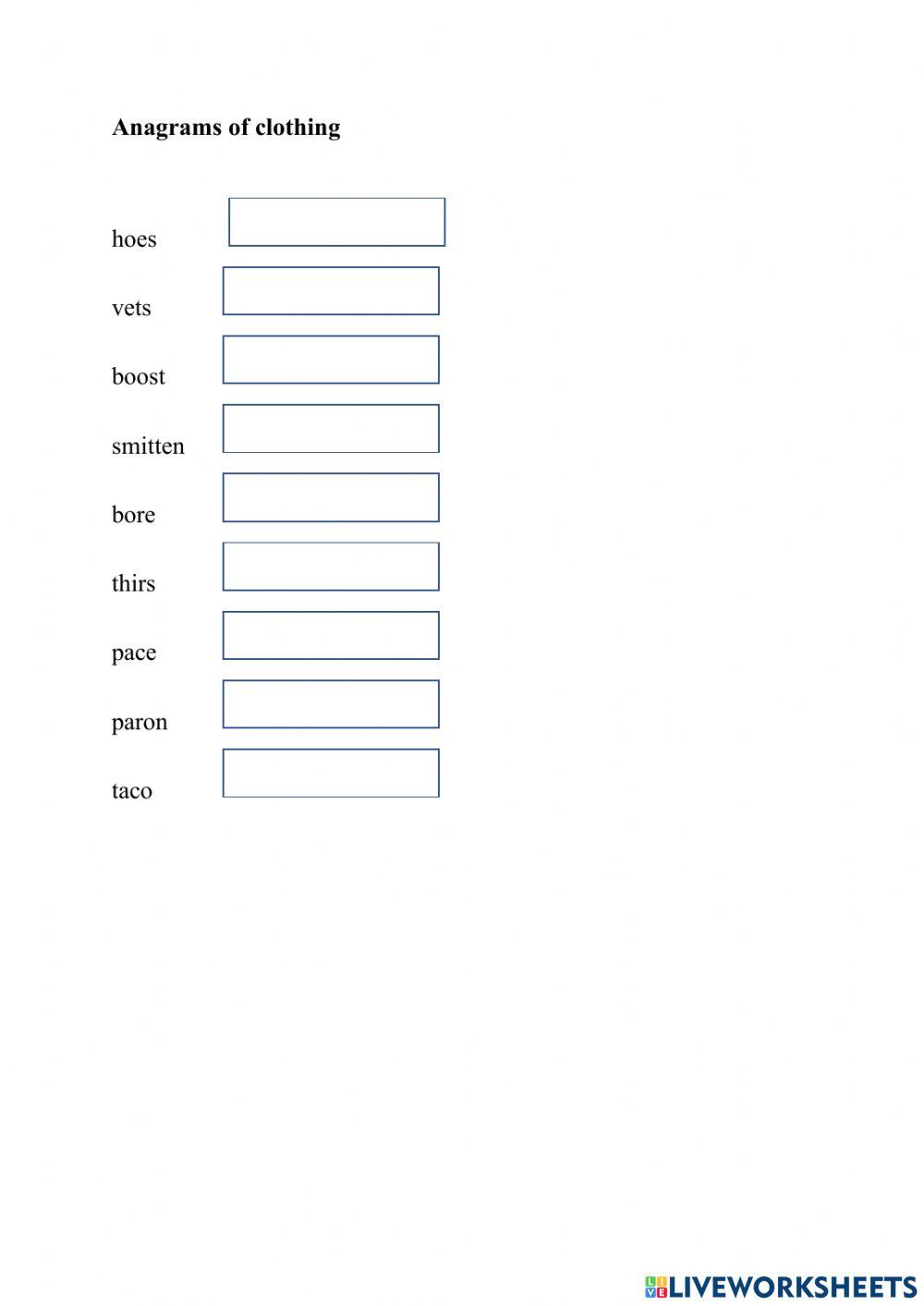 Clothes anagrams | Free Interactive Worksheets | 6942723