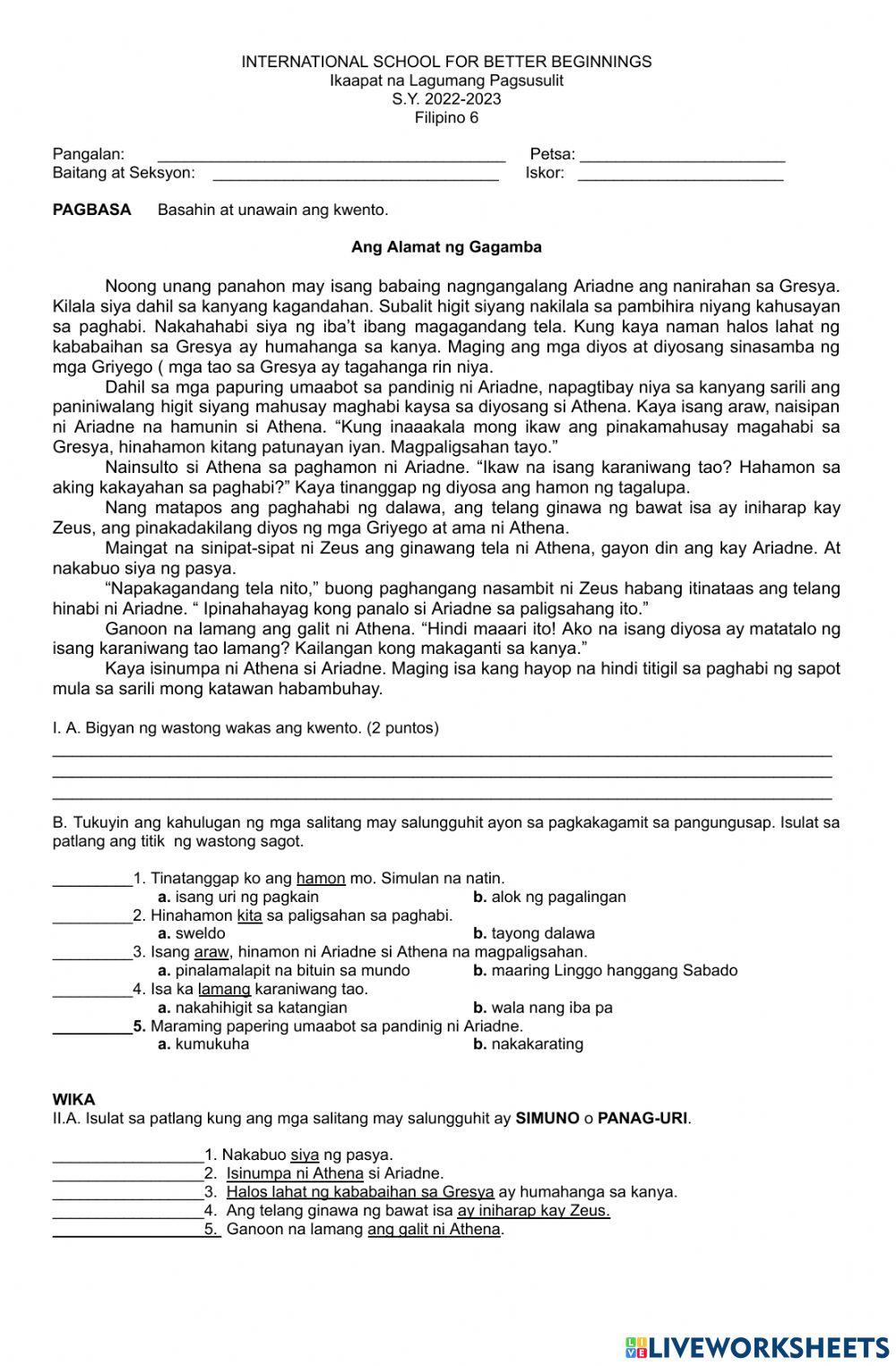 Q4 Filipino Assessment online exercise for | Live Worksheets Q4 Filipino Assessment online exercise for | Live Worksheets