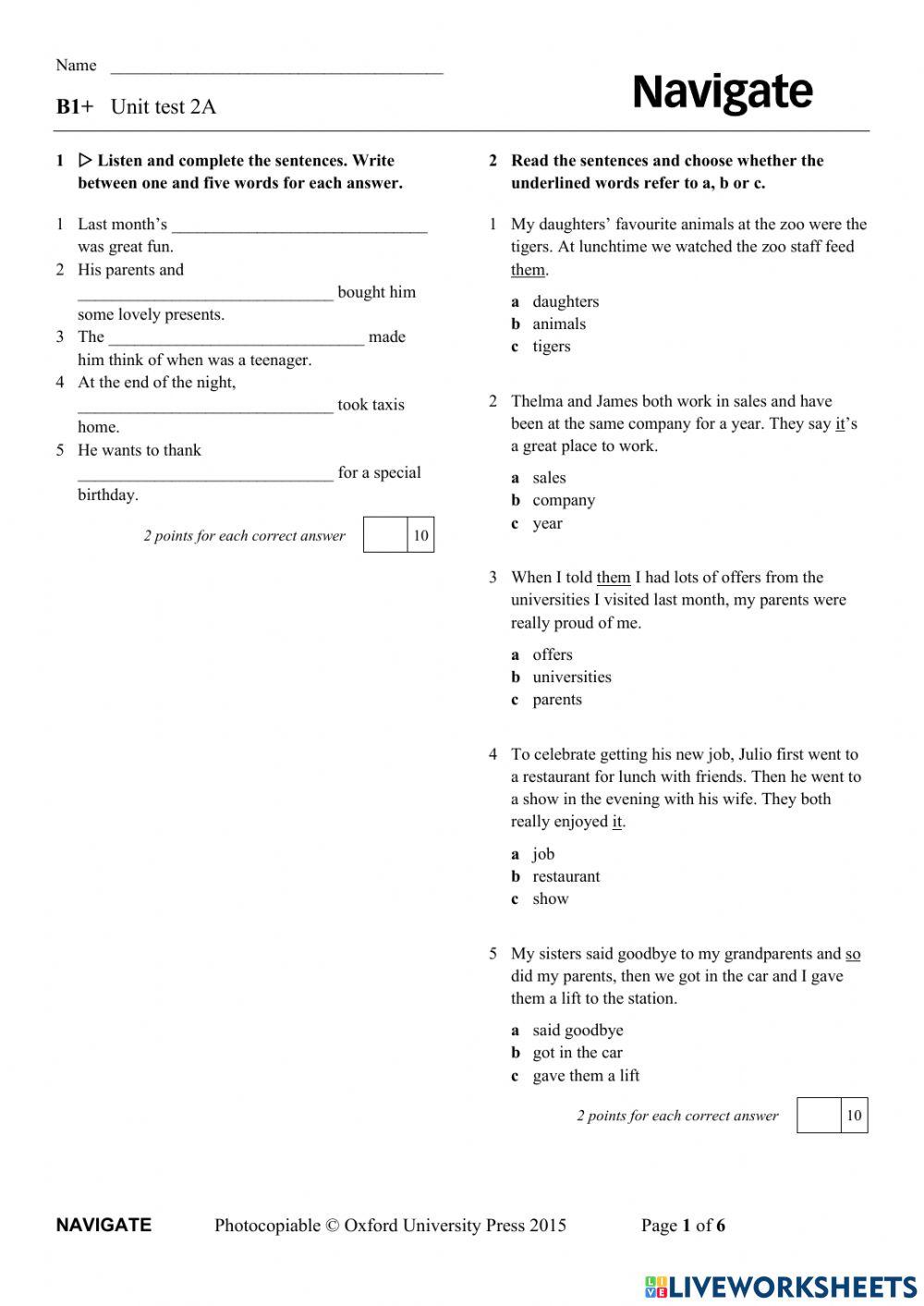 navigate inter unit 2 online exercise for | Live Worksheets