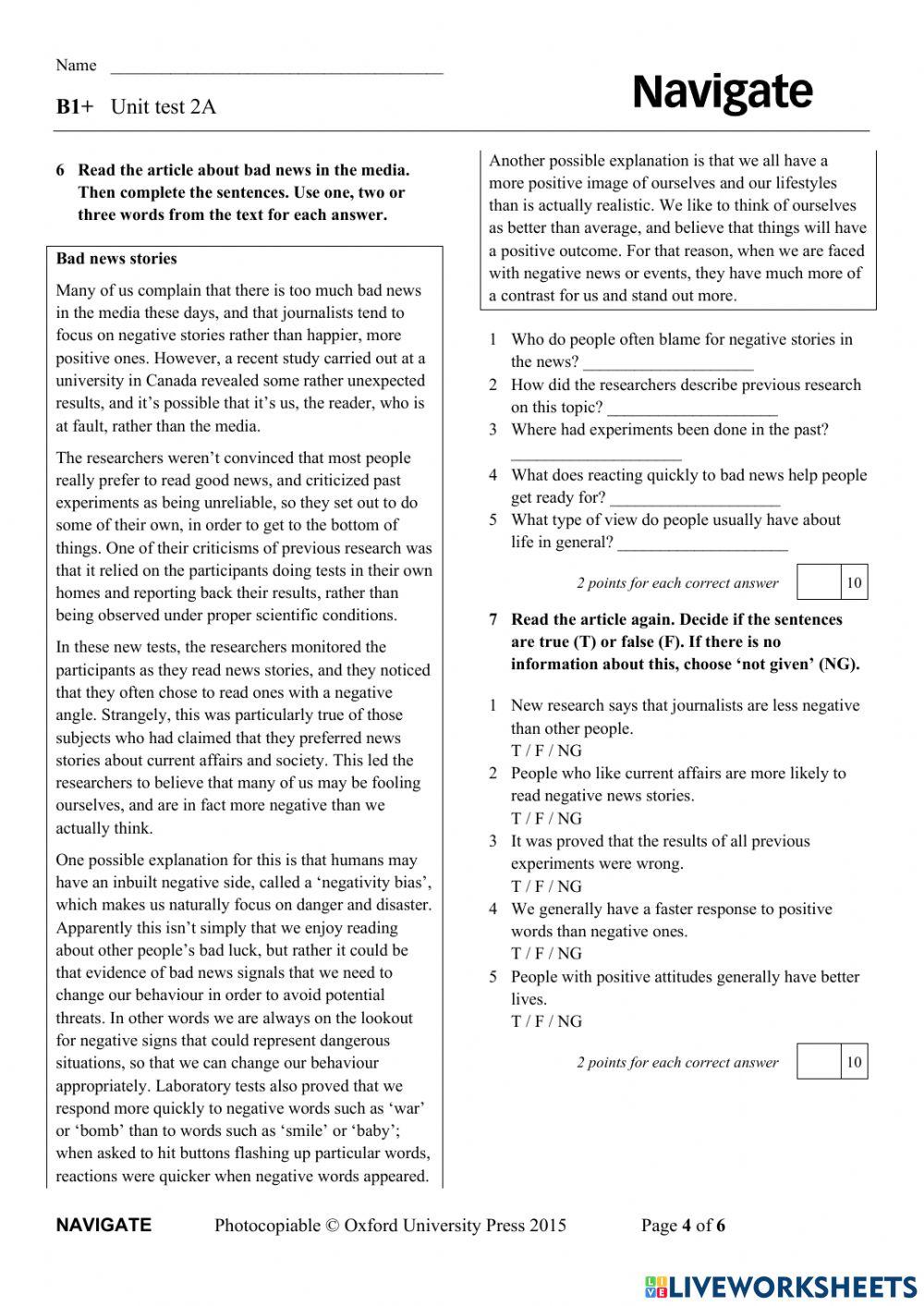 navigate inter unit 2 online exercise for | Live Worksheets