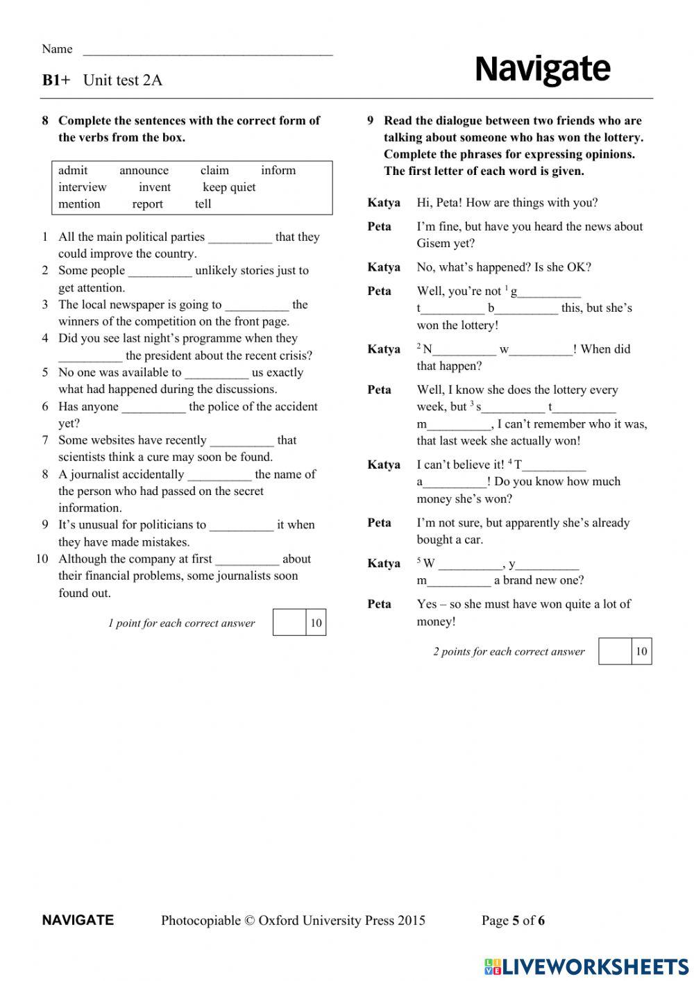 navigate inter unit 2 online exercise for | Live Worksheets