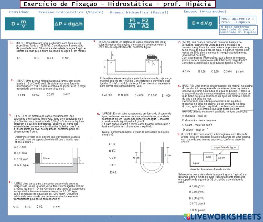 Hidrostática exercise | Live Worksheets