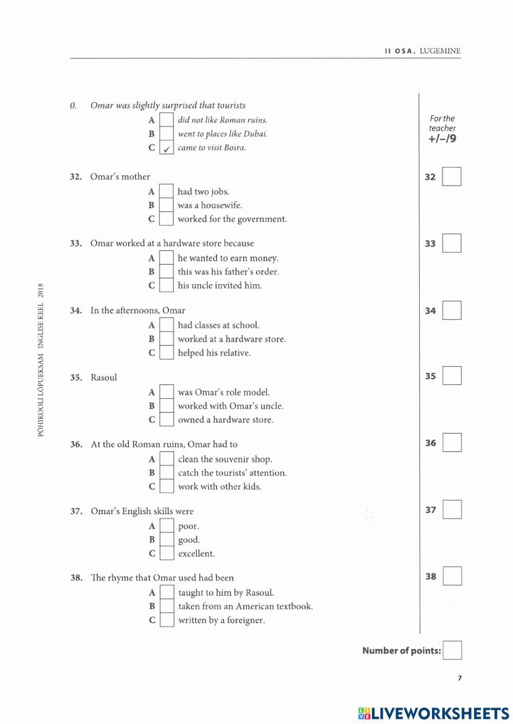 Year 9 Exam 2018. Reading online exercise for | Live Worksheets