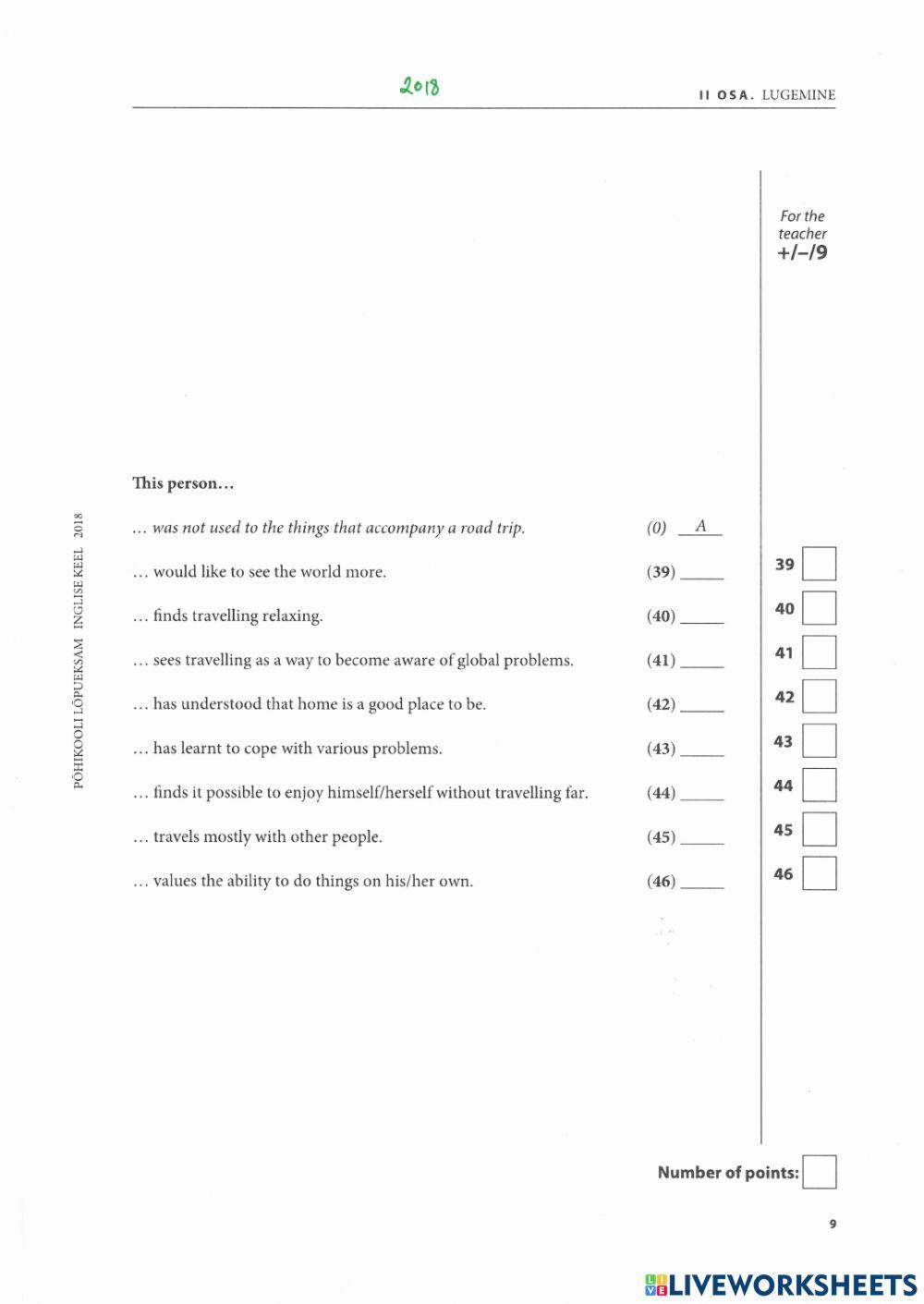 Year 9 Exam 2018. Reading online exercise for | Live Worksheets