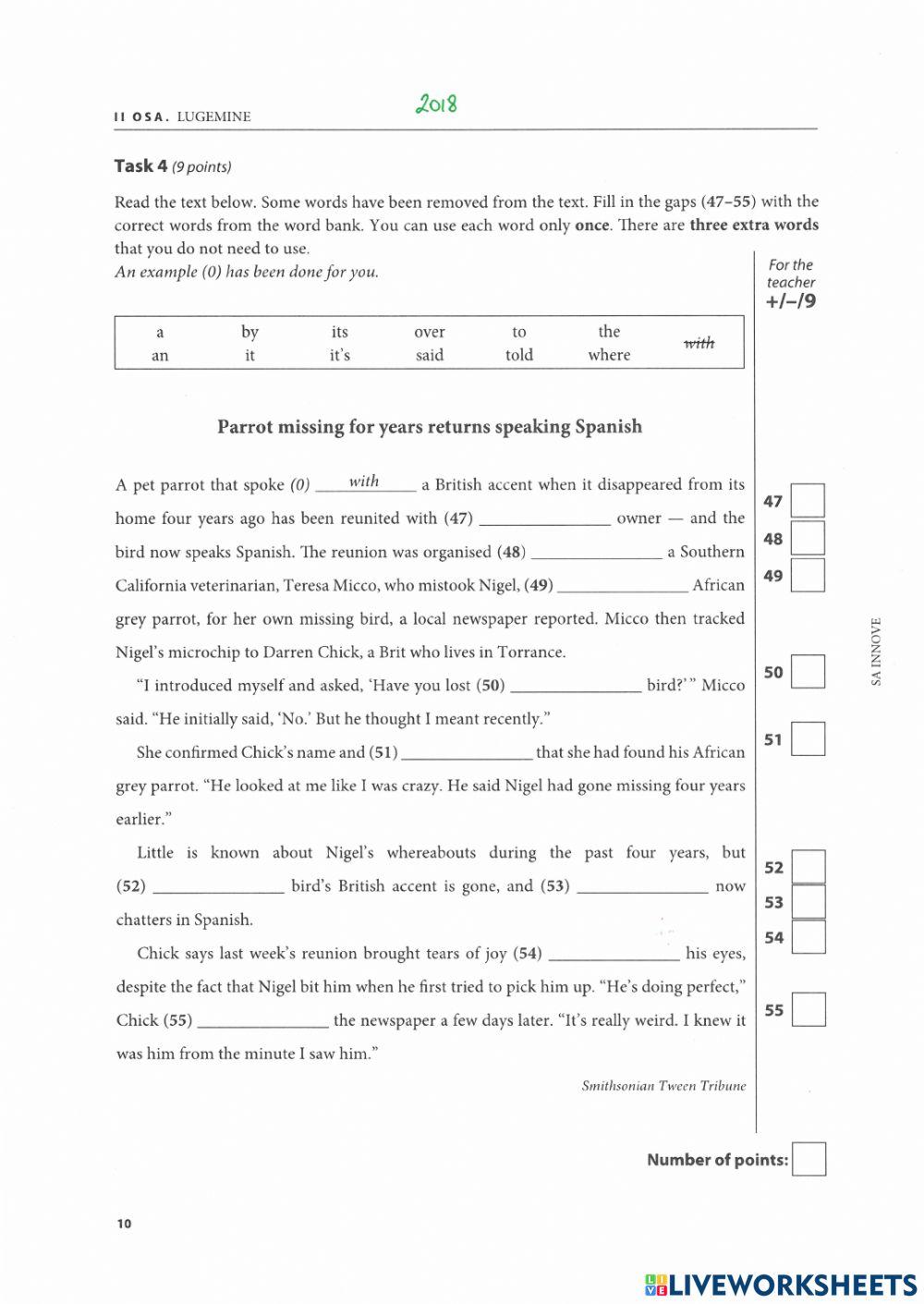 Year 9 Exam 2018. Reading online exercise for | Live Worksheets